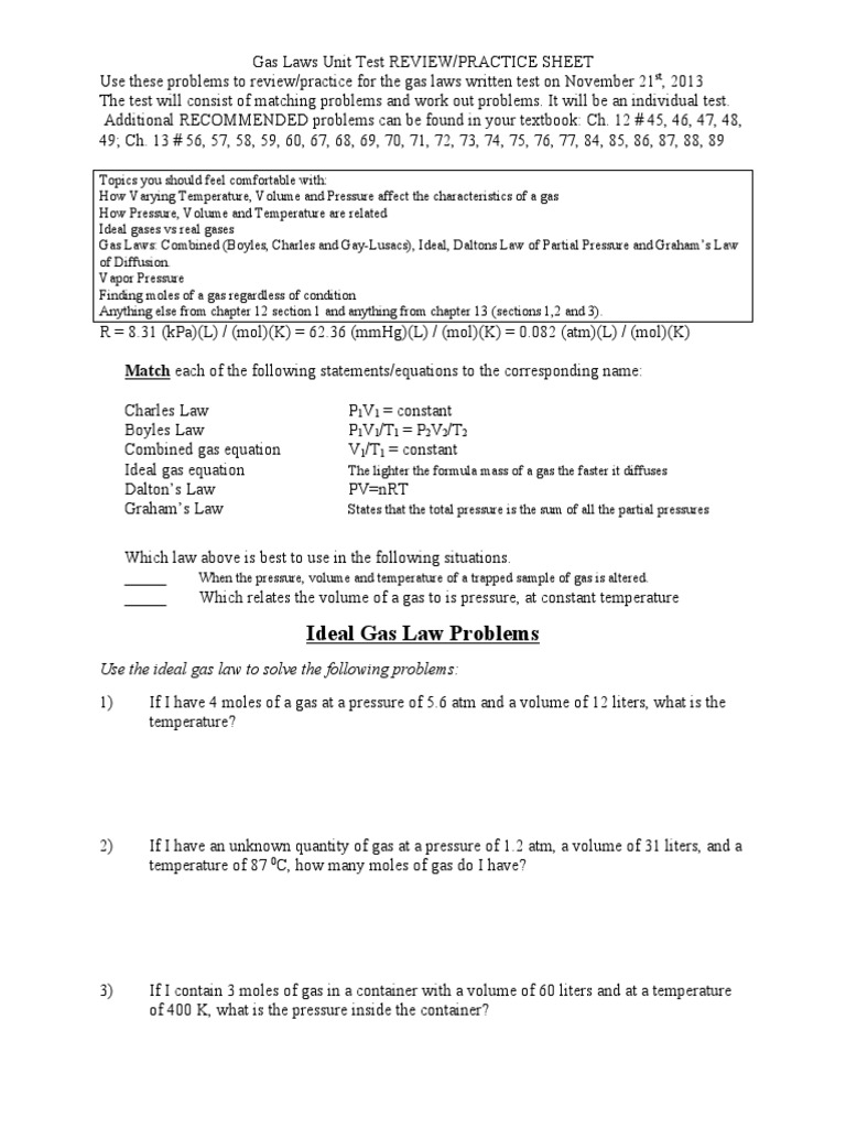 Gas Laws 201314 Review Sheet W Answers 2 | PDF | Gases | Pressure