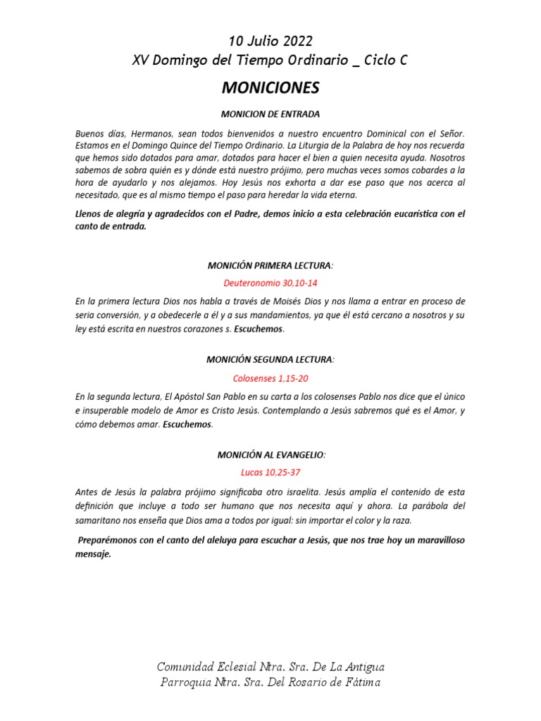 Monición para El XV Domingo Del Tiempo Ordinario - Ciclo C | PDF