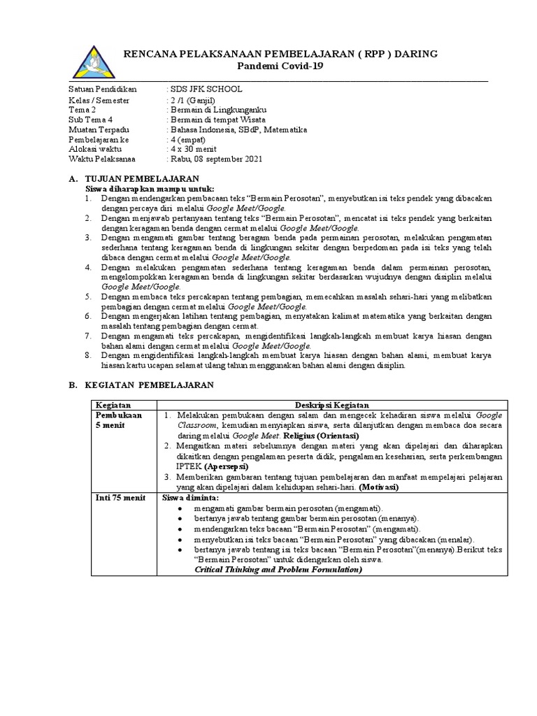 RPP Tematik Kelas 2 Pembelajaran 4 | PDF