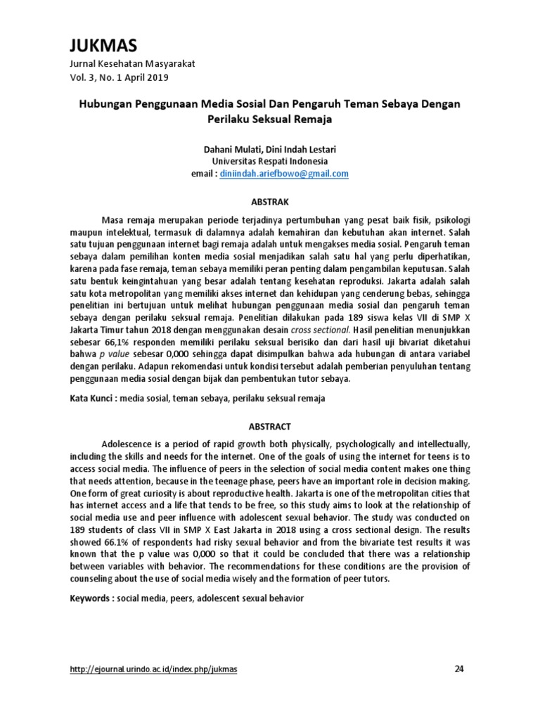 Hubungan Penggunaan Media Sosial Dan Pengaruh Teman Sebaya Dengan Perilaku Seksual Remaja | PDF ...