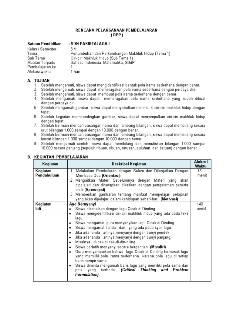 RPP k13 Kelas 3 Tema 1 | PDF | Karier & Perkembangan