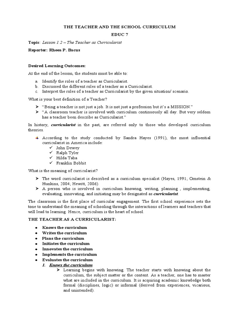 Teacher Roles as Curricularist Explained | PDF | Curriculum | Teachers