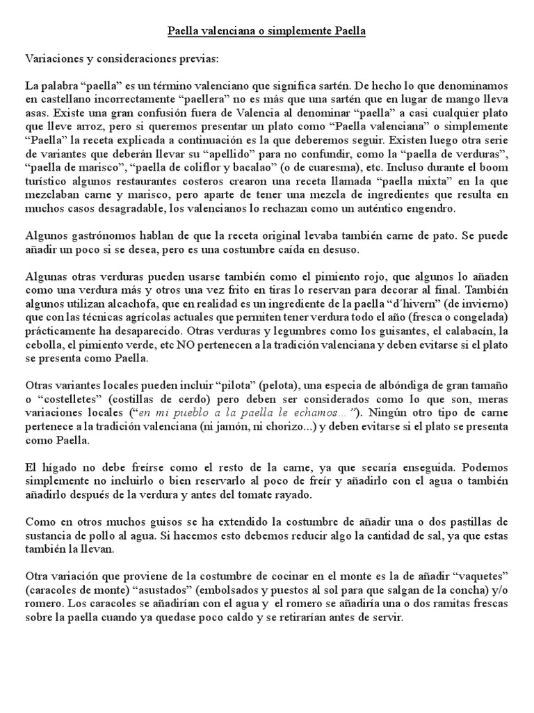 Receta de Paella Valenciana Tradicional | PDF | Comida y bebida ...