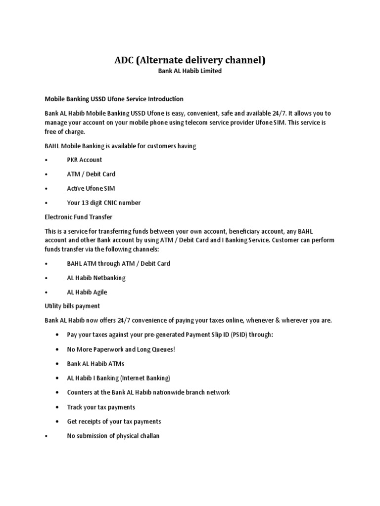 Adc Alternate Delivery Channel Bank Al Habib Limited Pdf Debit