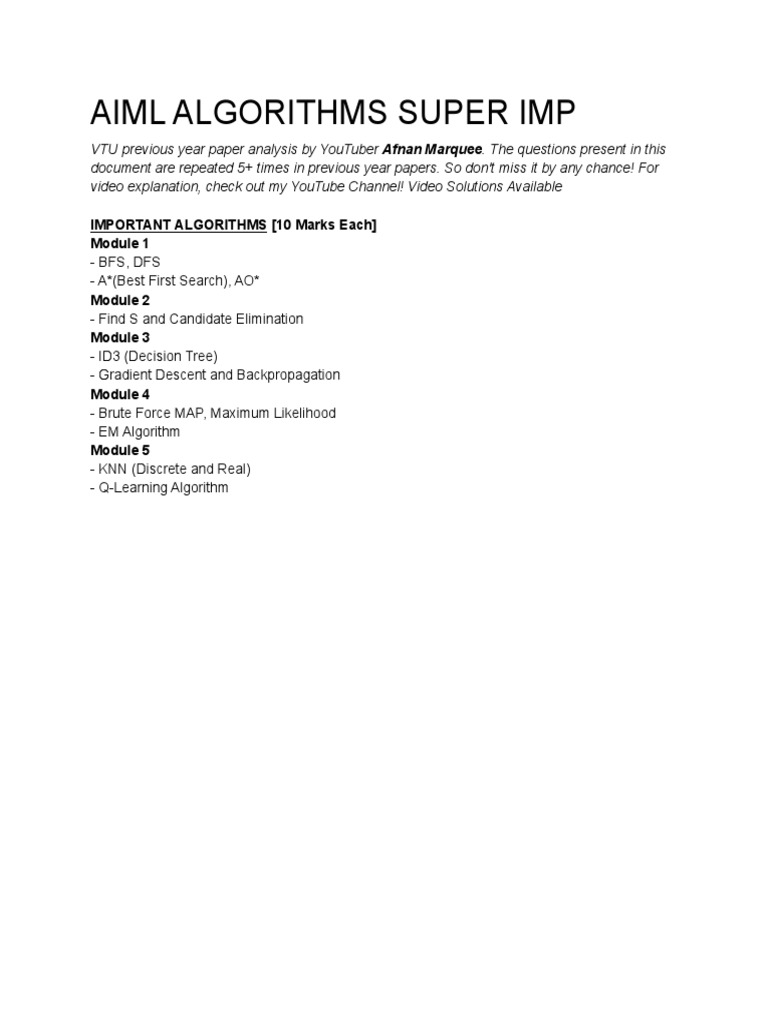 Aiml Algorithms Super Imp | PDF
