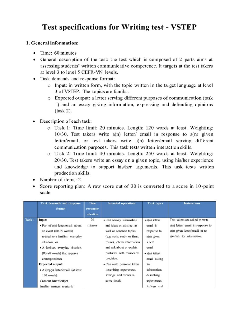 Test Specs Writing Vstep | PDF