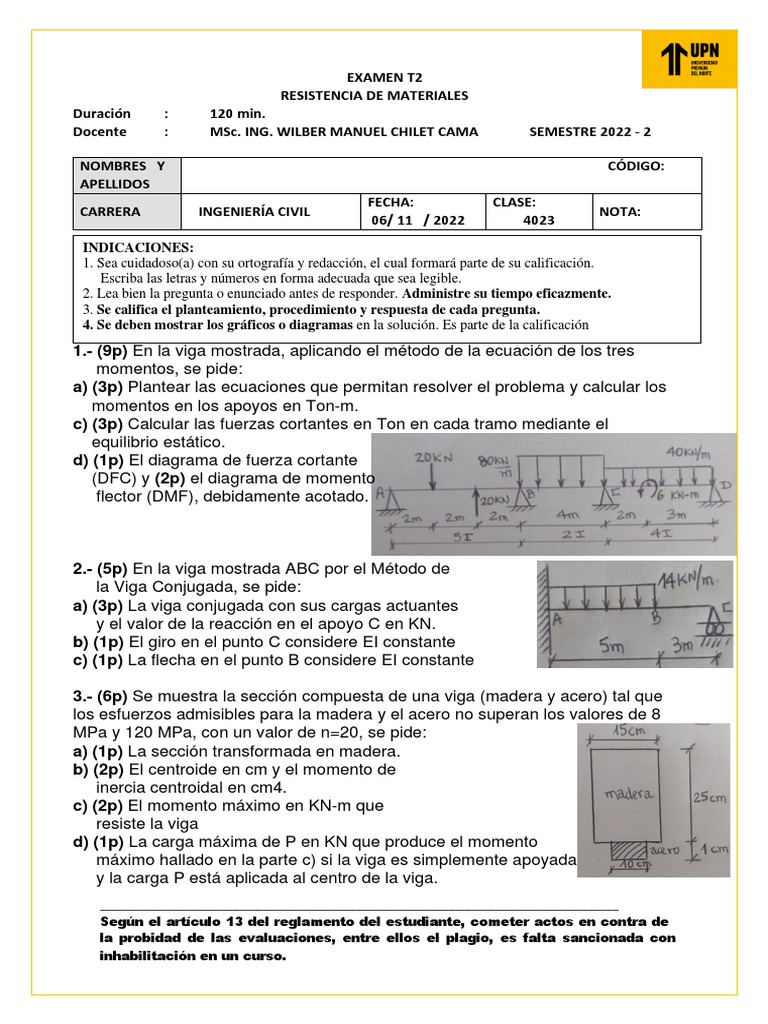 Examen T2 Resistencia de Materiales. Clase 4023. Upn Los Olivos Dom 06 ...