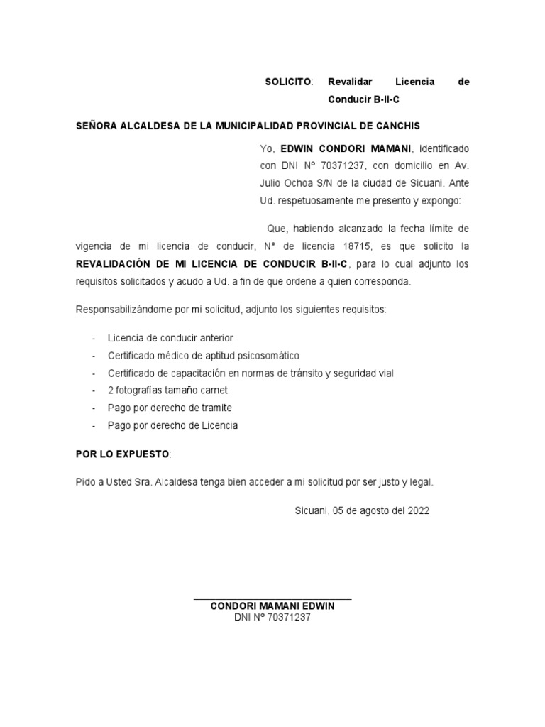Solicitud Revalidacion Licencia | PDF