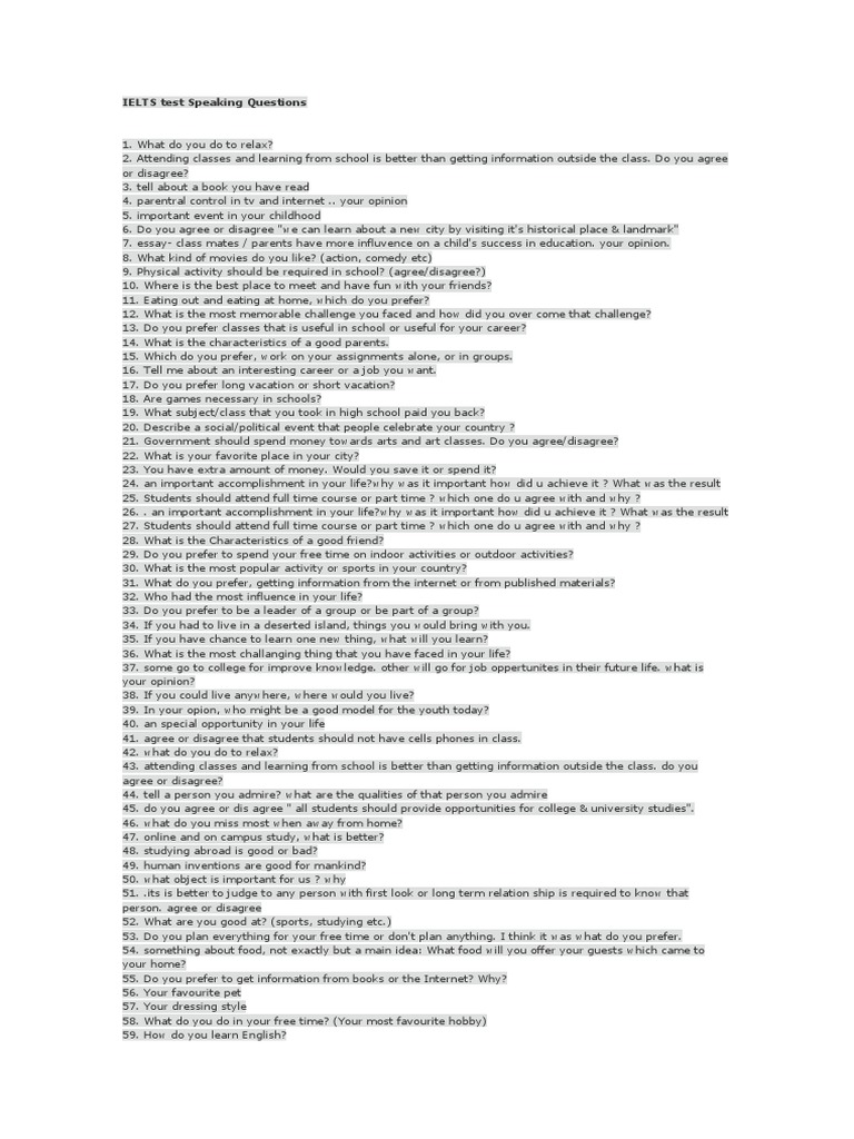 IELTS Speaking Test Questions Guide | PDF | International English ...