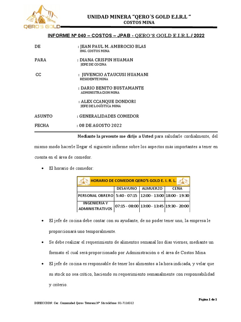 INFORME 040 GENERALIDADES COMEDOR | PDF | Business