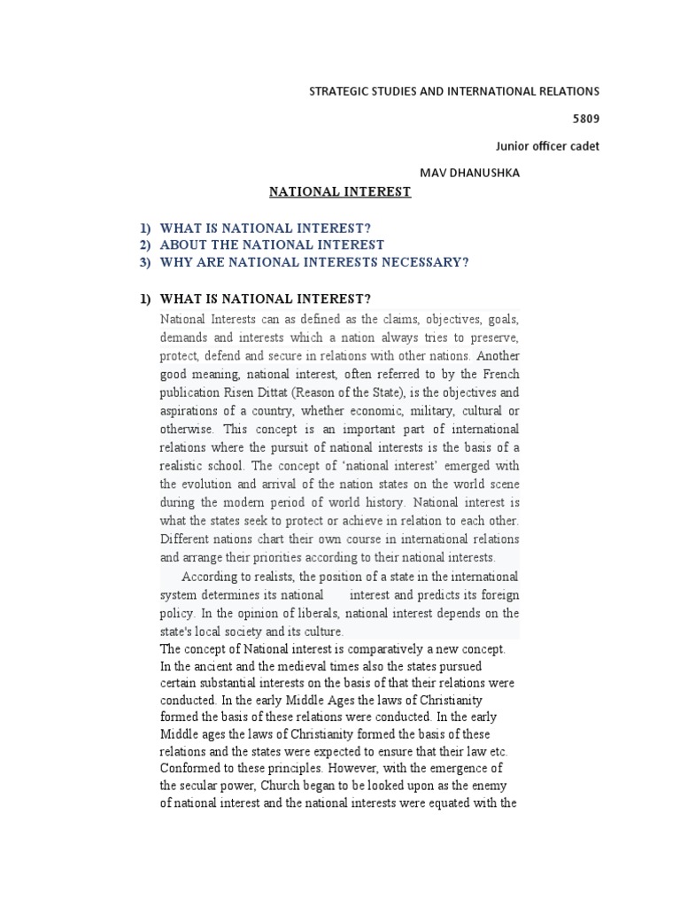Defining National Interest: An Analysis of a Junior Officer Cadet's ...