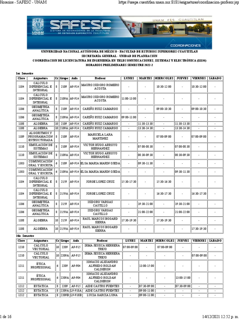 Horarios 2022 - ITSE. | PDF | Ingeniería | Física