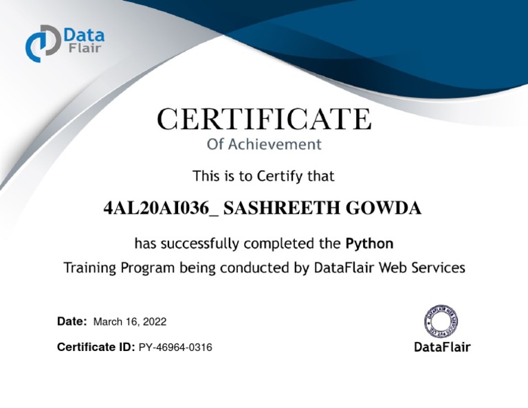 4AL20AI036 - Sashreeth Gowda Python Course Python Certificate DataFlair ...