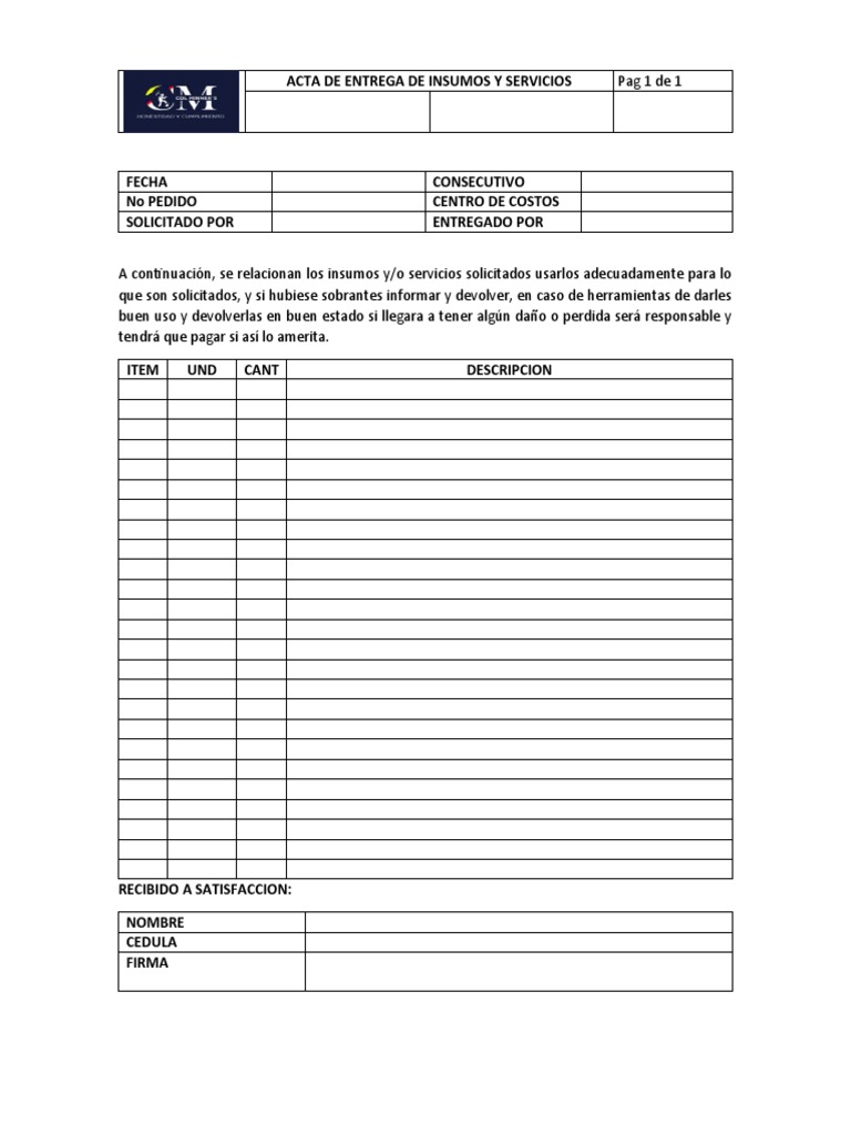 Acta de Entrega Materiales | PDF Acta de Entrega Materiales | PDF