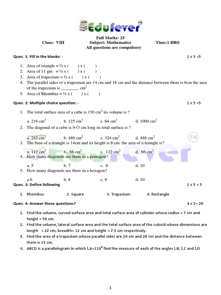 Class 8 Math Exam Questions and Answers | PDF