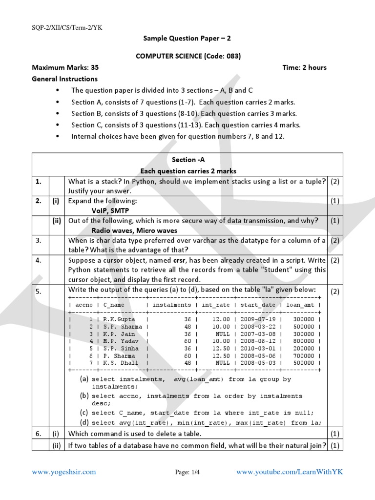 SQP2 CS Xii T2 2022 Yk | PDF | Table (Database) | Software Engineering