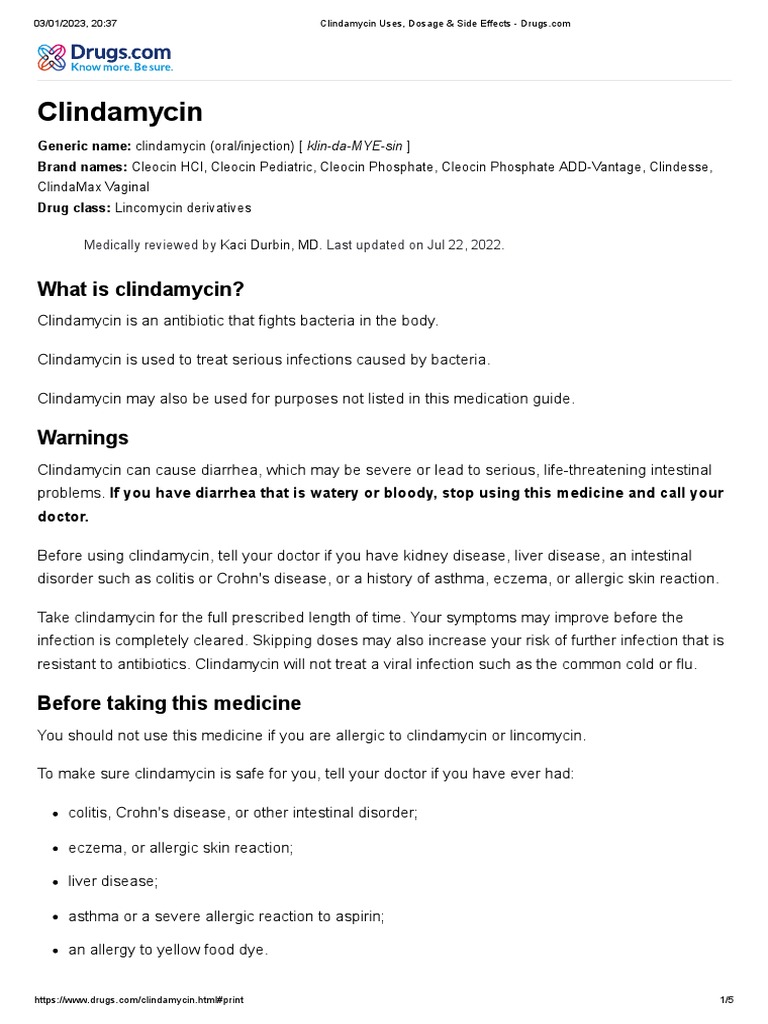 Clindamycin Uses, Dosage & Side Effects | PDF | Chemistry | Dose (Biochemistry)