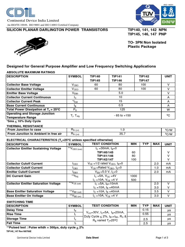 Tip140 Tip147 | PDF | Bipolar Junction Transistor | Electronic Engineering