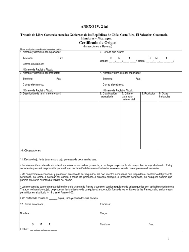 Certificado de Origen e Instructivo de Llenado TLC Chile-CA. | PDF | Bienes | Guatemala