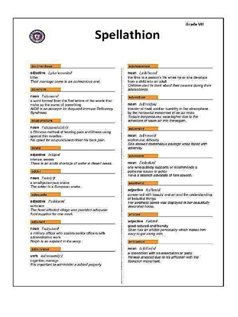 Grade 7th Spellathon List 1 Compressed | PDF