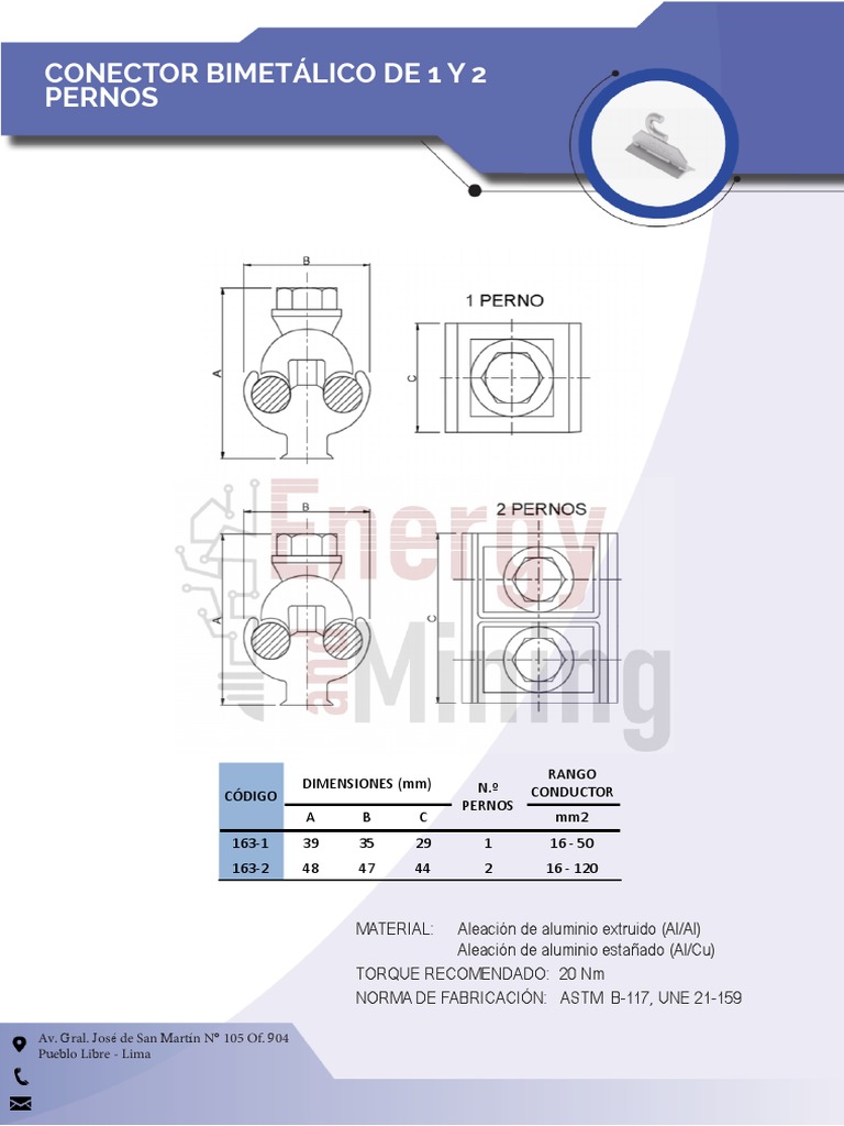 Ficha Tecnica Conector Bimetalico de 1 y 2 Pernos | PDF