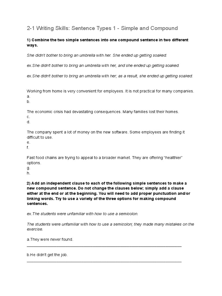 Writing Skills: Simple & Compound Sentences | PDF