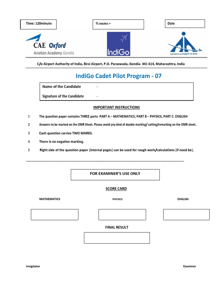 7A Question Paper For IndiGo Cadet Pilot Program | PDF | Lift (Force) | Atmosphere