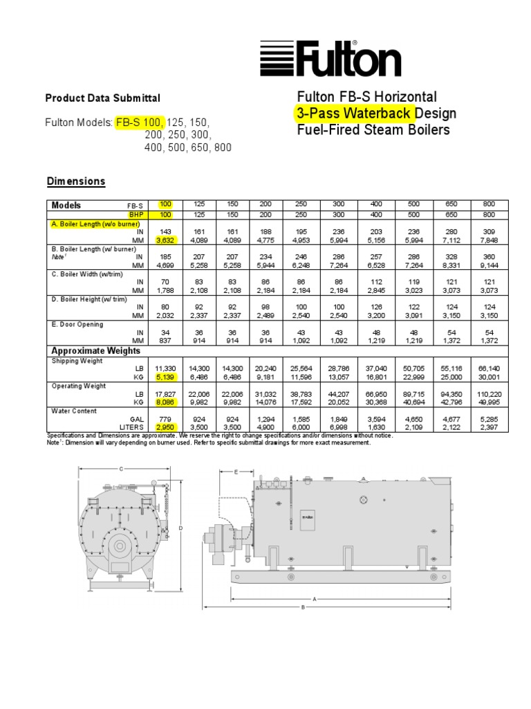 Fulton FB-S Horizontal 3-Pass Waterback Boiler Product Data | PDF | Gas ...