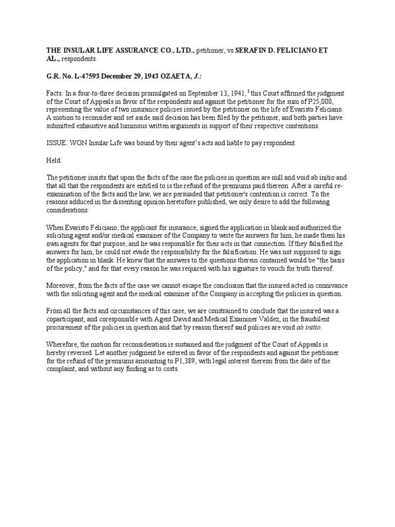 THE INSULAR LIFE ASSURANCE CO vs FELICIANO (1943) | Insurance | Life ...