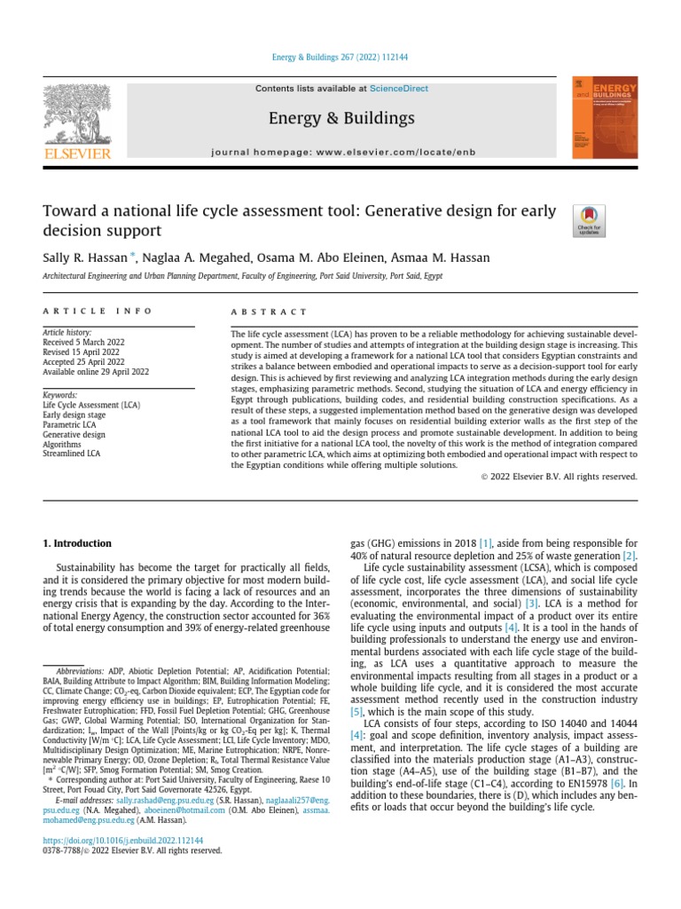Toward a National Life Cycle Assessment Tool: A Framework for Developing a Generative Design ...