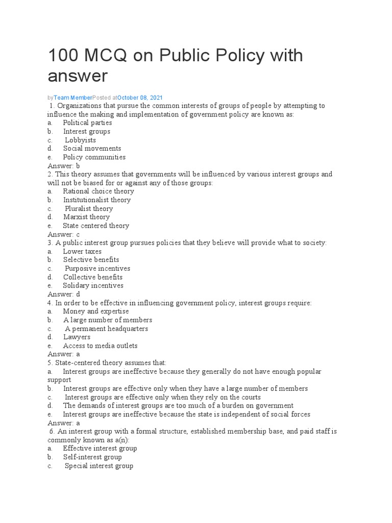 100 MCQs on Public Policy with Answers | PDF | Policy | Advocacy Group
