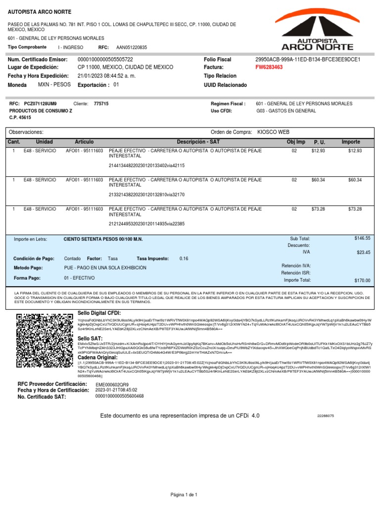 Factura ARCO 3214382 PCZ071128UM9 | PDF | Economias | Pagos