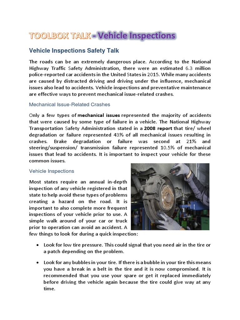 TOOLBOX TALK - Vehicle Inspections | PDF | Traffic Collision | Vehicles