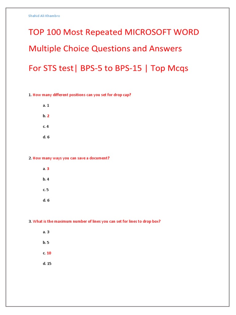 100 Most Important Microsoft Word Mcqs Set-2 | PDF | Microsoft Word ...