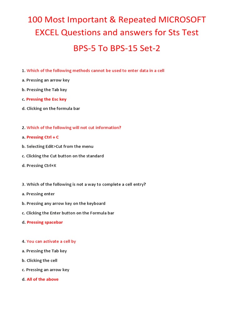 100 TOP MICROSOFT EXCEL Questions With Answers Set-2 | PDF | Microsoft Excel | Spreadsheet