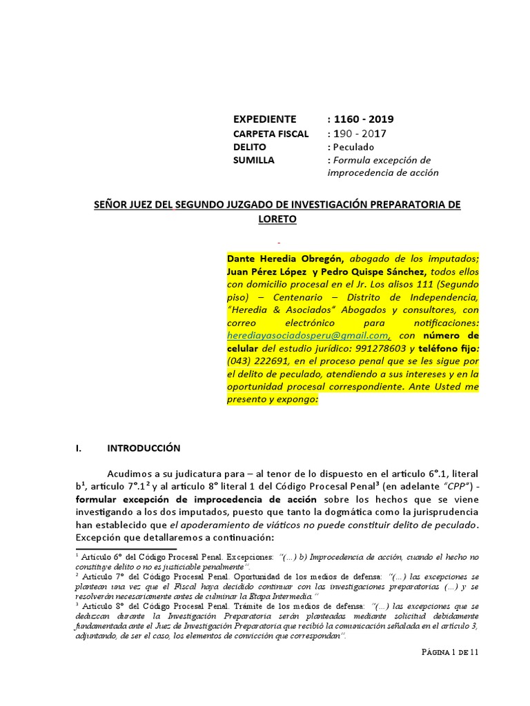 Exepxión de Improcedencia de Acción Exp. N ° 1160-2019 | PDF | Derecho ...