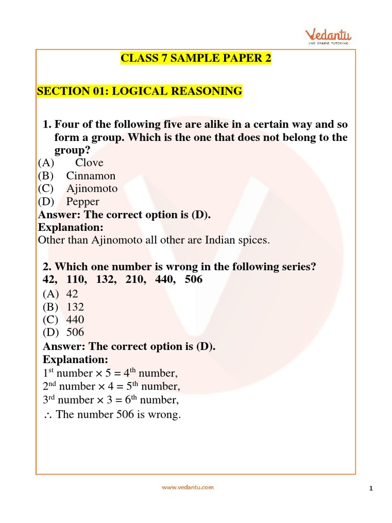 NSO Sample Question Paper For Class 7 - Download Free PDF With Solutions | Download Free PDF ...