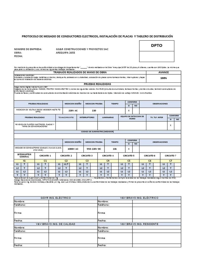 Formato Protocolo Megado (2) | PDF | Ingenieria Eléctrica | Electricidad