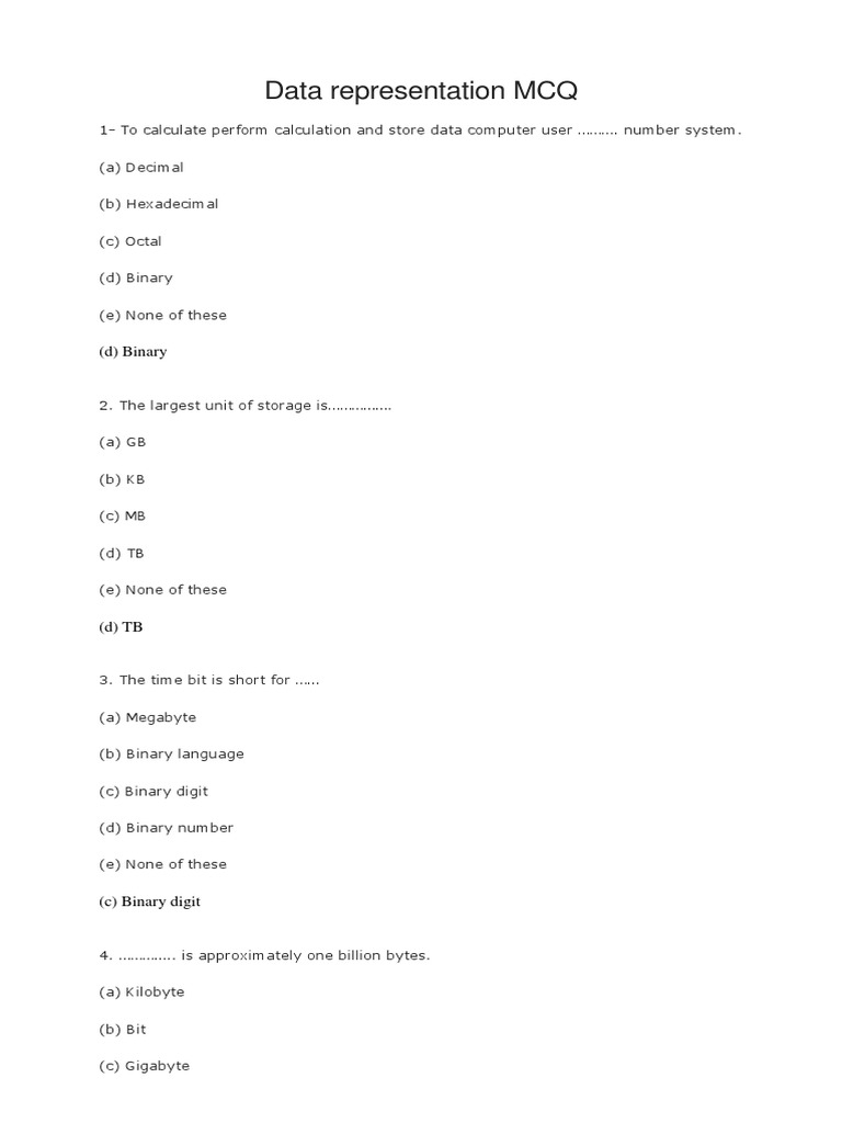 Computation and Data Representation MCQ | PDF | Byte | Bit