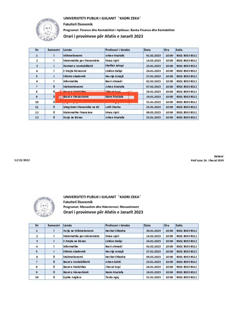 Orari I Provimeve Për Afatin e Janarit 2023: Universiteti Publik I ...