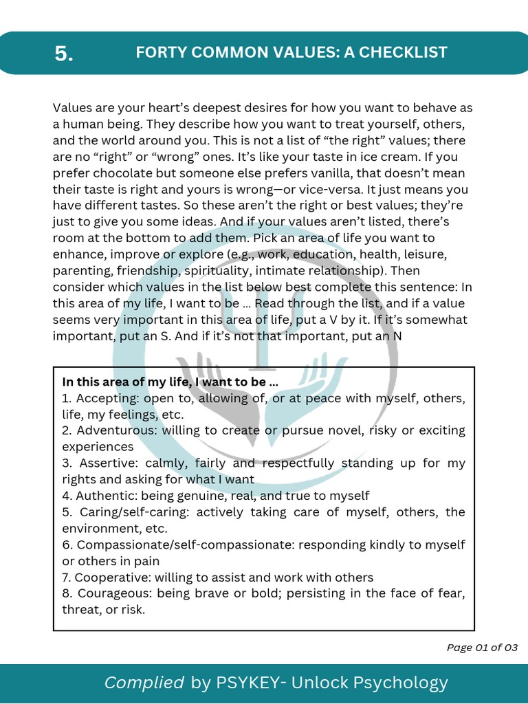 Forty Common Values A Checklist | PDF | Psychology | Psychological Concepts