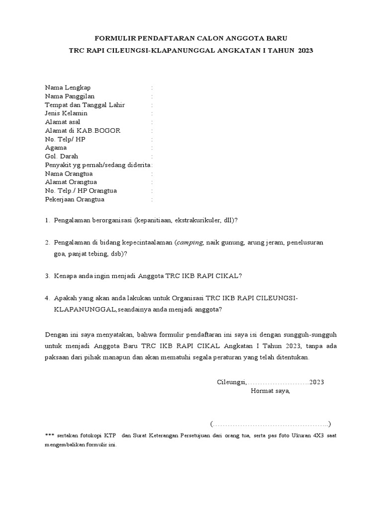 Formulir Pendaftaran Anggota TRC RAPI | PDF