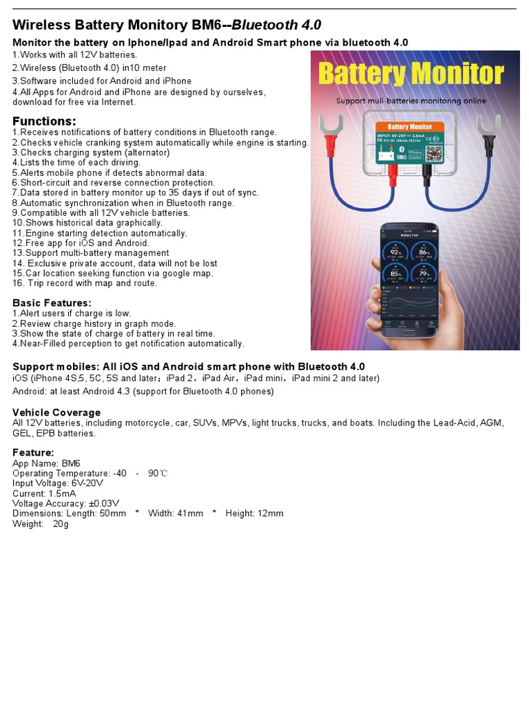 Wireless Battery Monitory BM6 - Bluetooth 4.0: Functions | PDF | Business | Computers