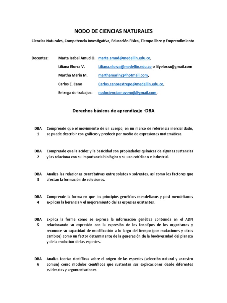 Nodo de Ciencias Naturales: Derechos Básicos de Aprendizaje - DBA | PDF | Ácido | Biología