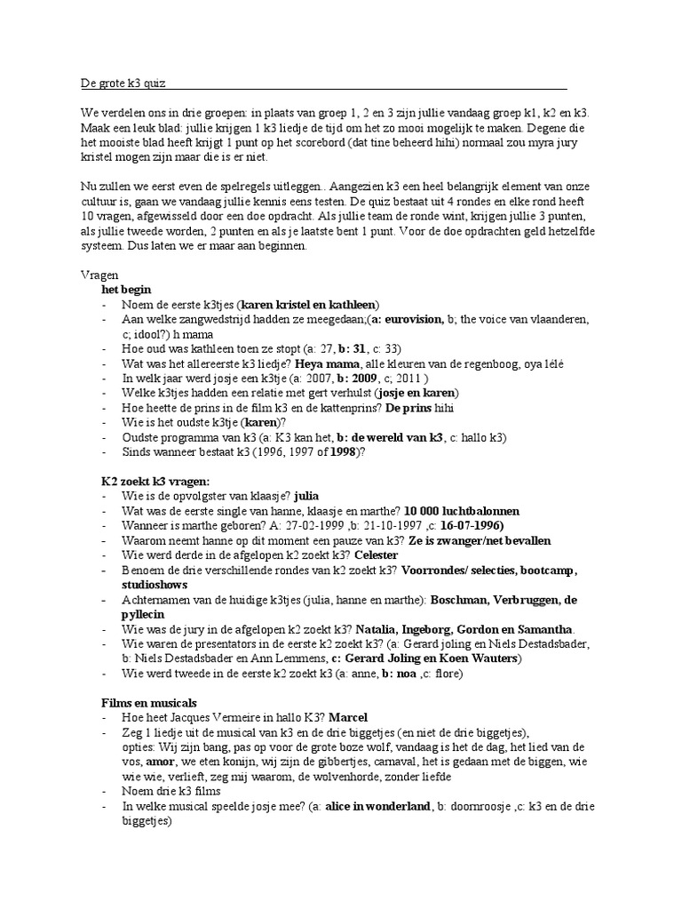 De Grote k3 Quiz (Tiptiens) | PDF