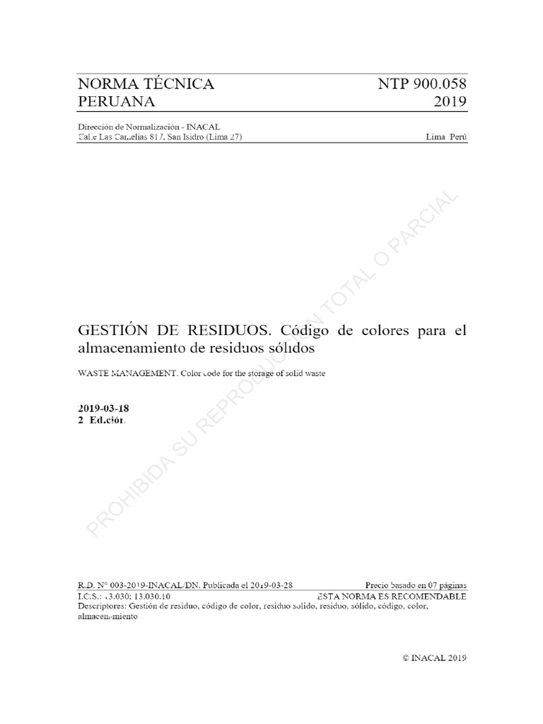 NTP 900.058 2019 Residuos Colores | PDF