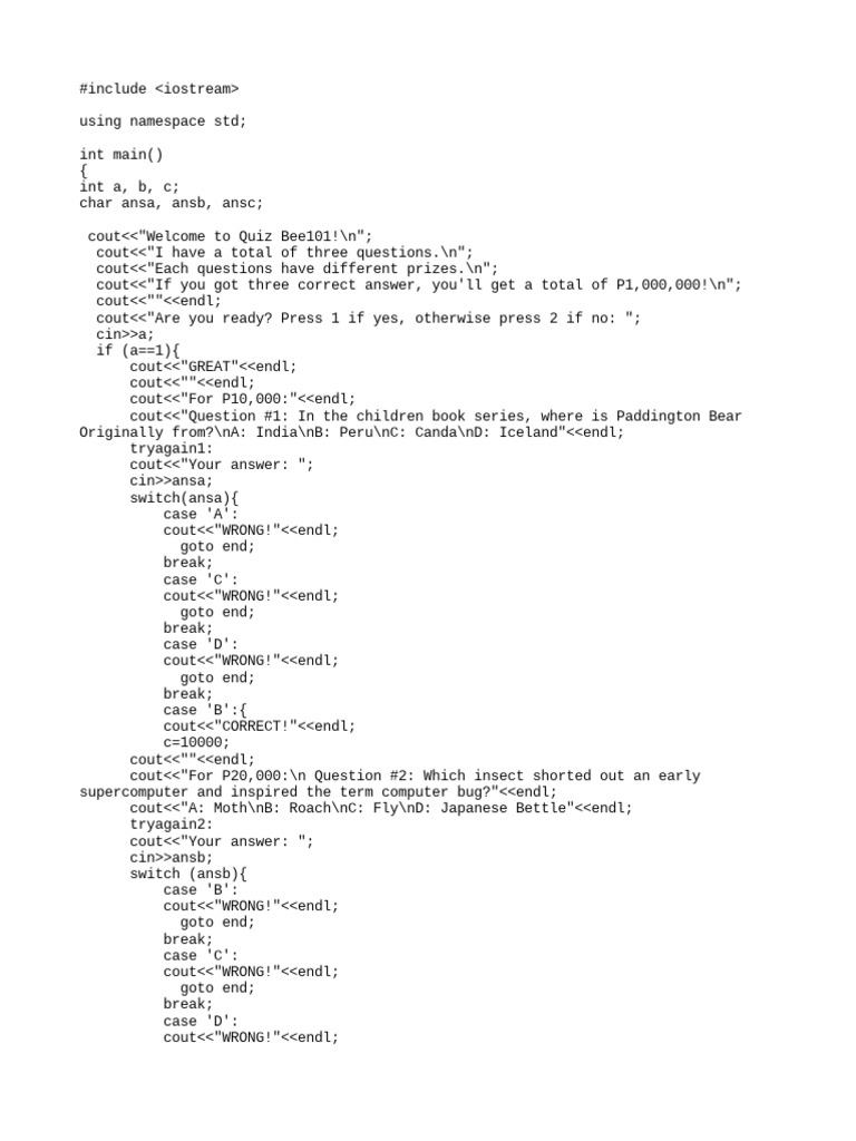 Who Wants To Be Millionaire Quiz (C++ Programming) | PDF | Computer ...