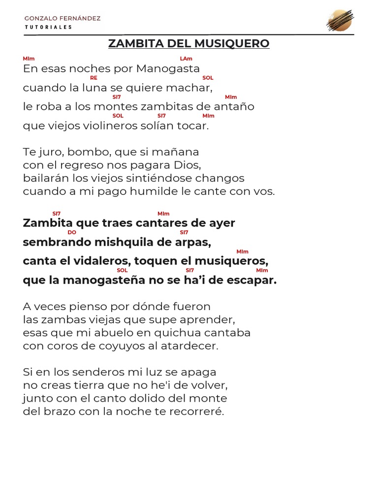 Zambita del Musiquero: Letra y Acordes | PDF