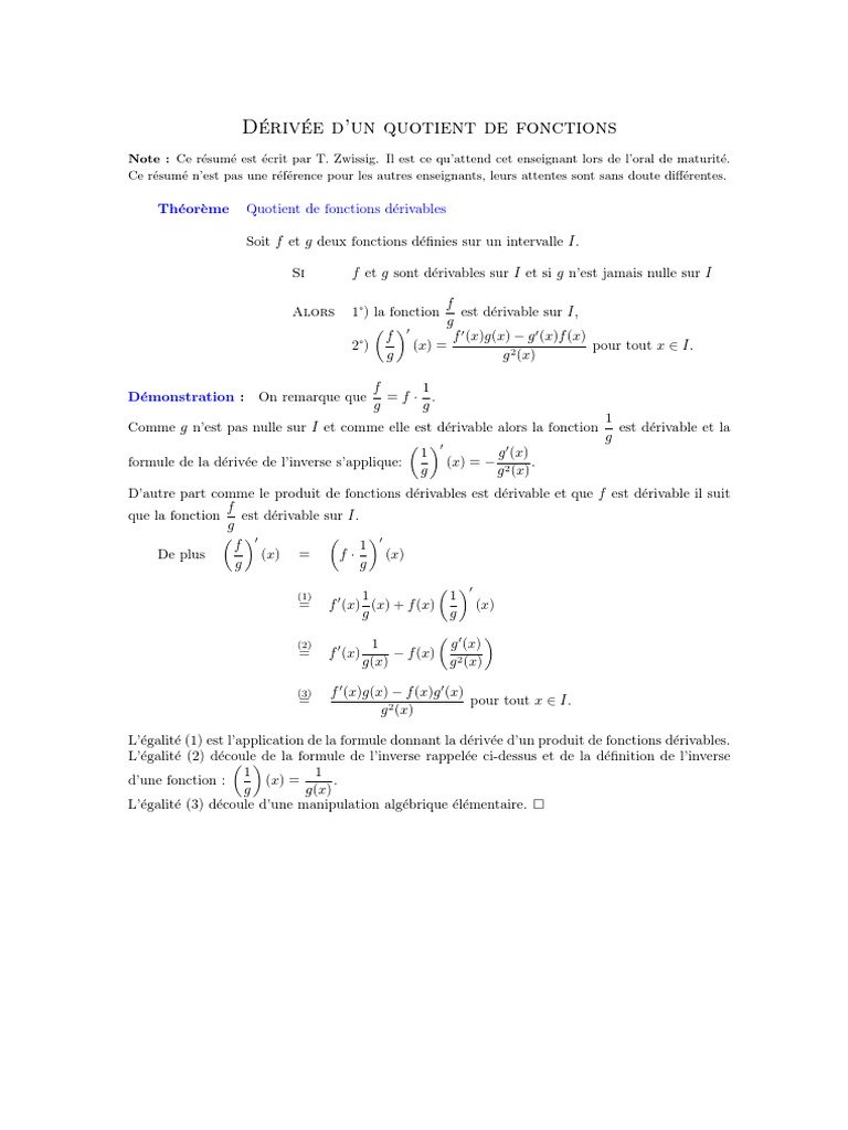 Dérivée d'un Quotient de Fonctions | PDF | Mathématiques | Analyse ...