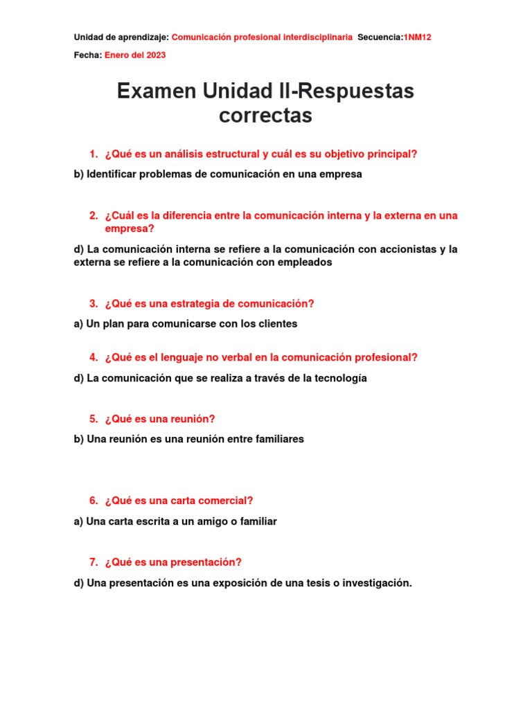 1NM12 - Examen Unidad II - Respuestas Correctas | PDF | Comunicación ...